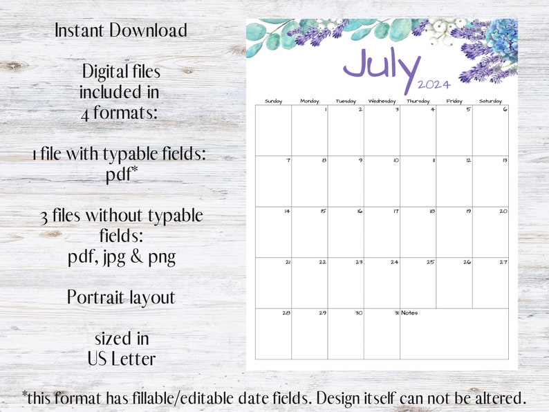 Fillable/editable July Calendar July 2024 Printable Calendar Lavender ...