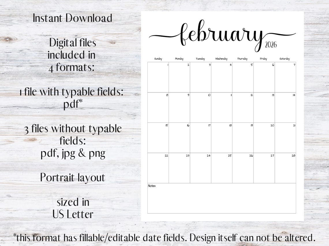 Fillable/editable February 2026 Calendar | February 2026 Calendar ...