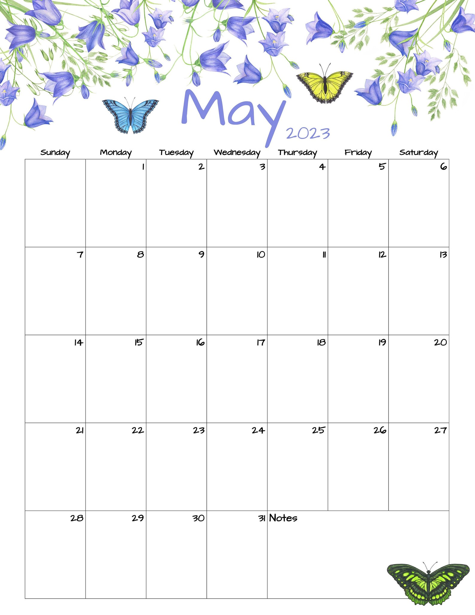 Fillable/editable May Calendar May 2023 Printable Calendar Bluebell ...