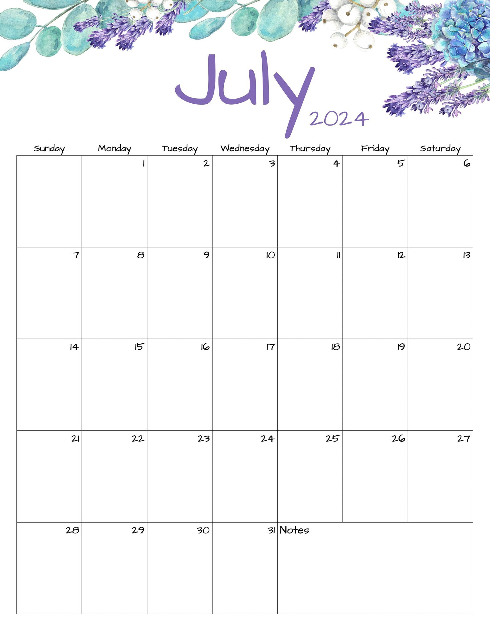 Fillable/editable July Calendar July 2024 Printable Calendar Lavender ...