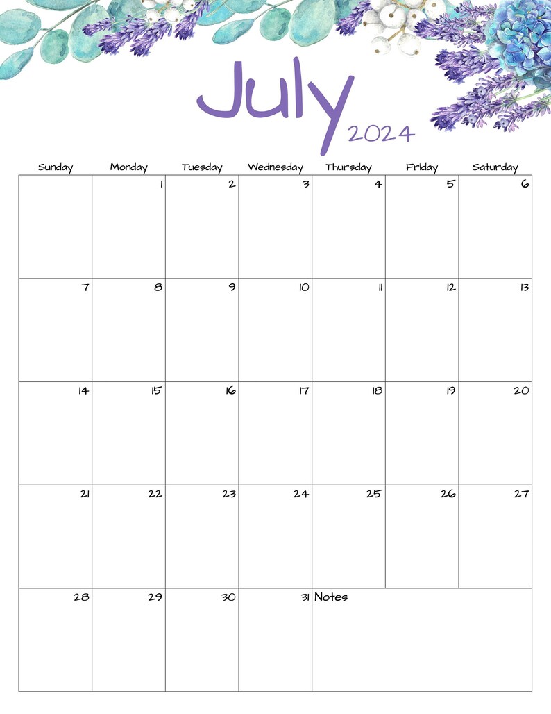 Fillable/editable July Calendar July 2024 Printable Calendar Lavender ...