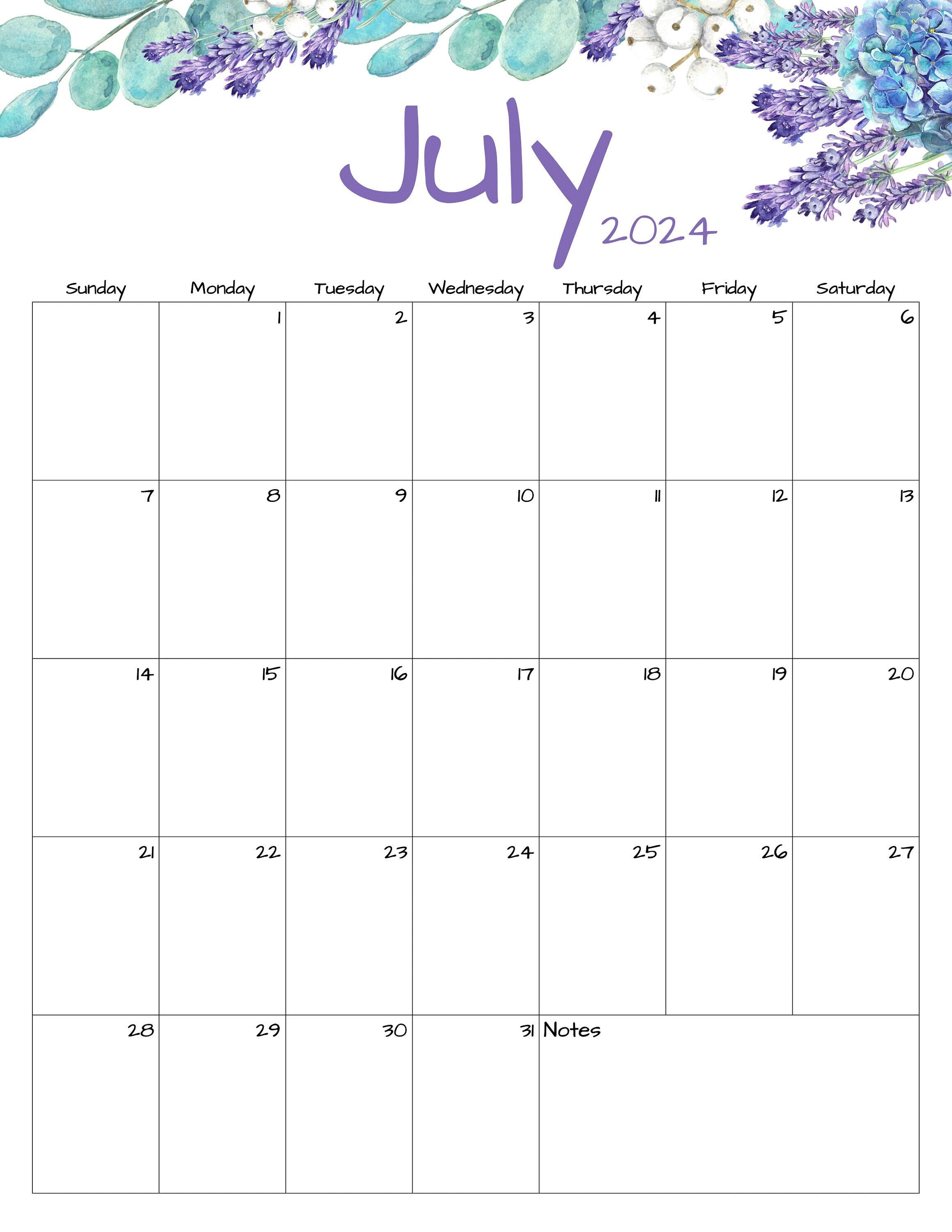 Fillable/editable July Calendar July 2024 Printable Calendar Lavender ...
