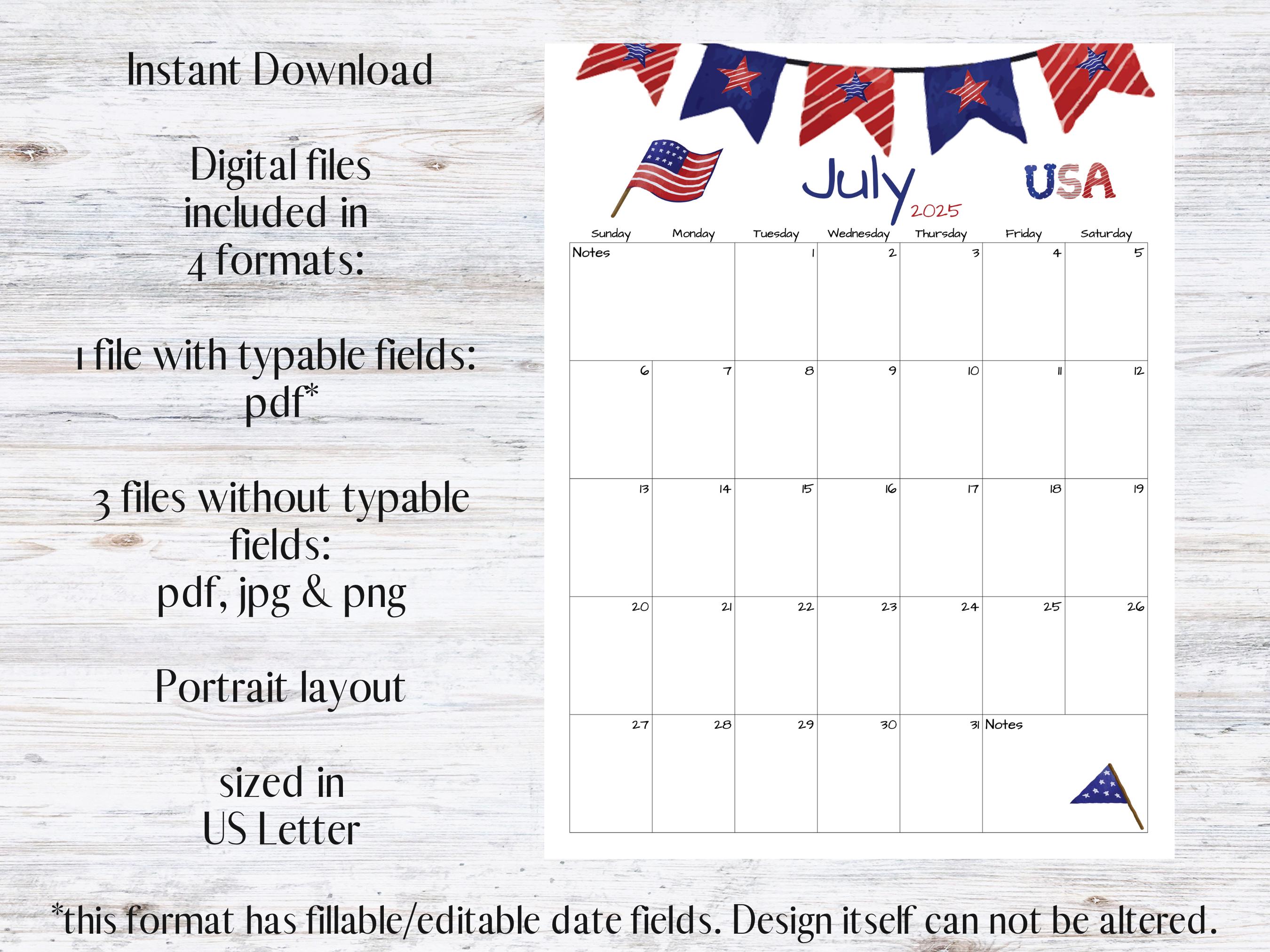 Fillable/editable July Calendar | July 2025 Printable Calendar | Red ...
