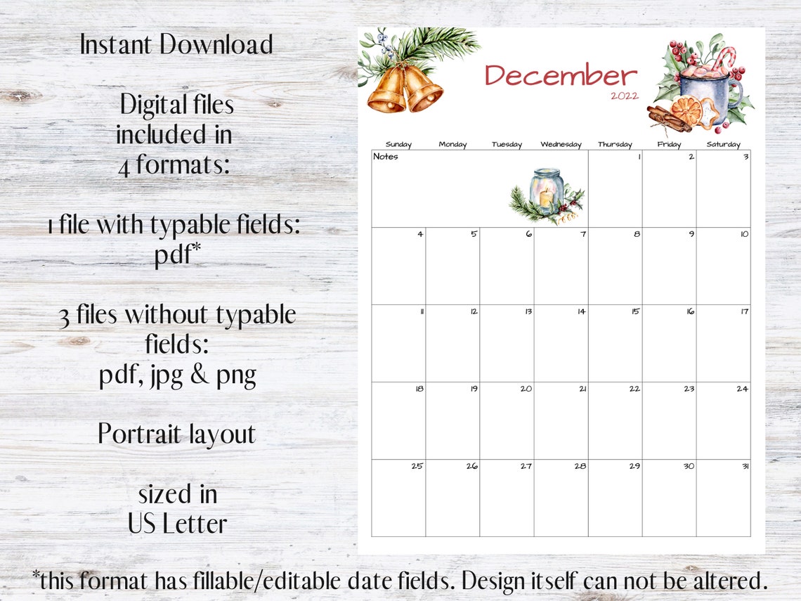 Fillable/editable December Calendar December 2022 Printable - Etsy