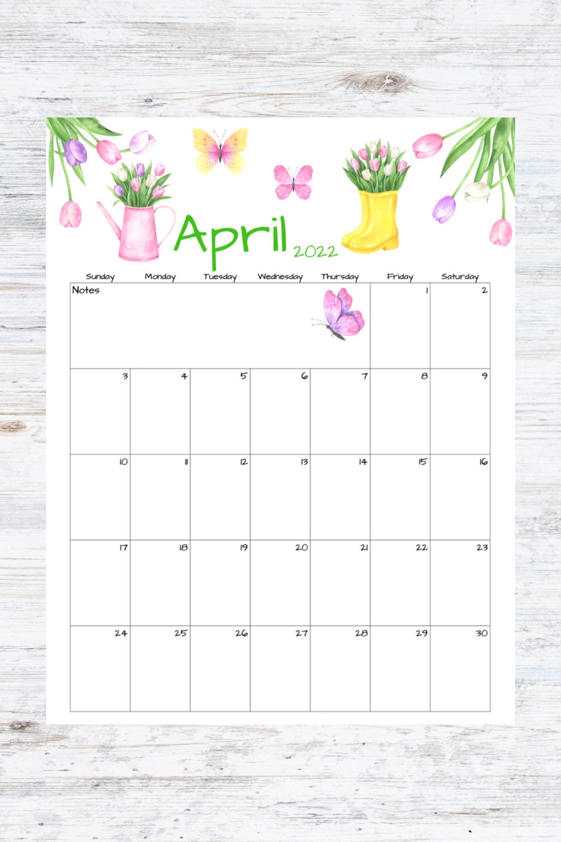 April Calendar April 2022 Printable Calendar Tulip | Etsy