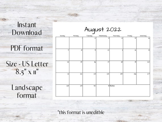 August Calendar 2022 Printable Landscape