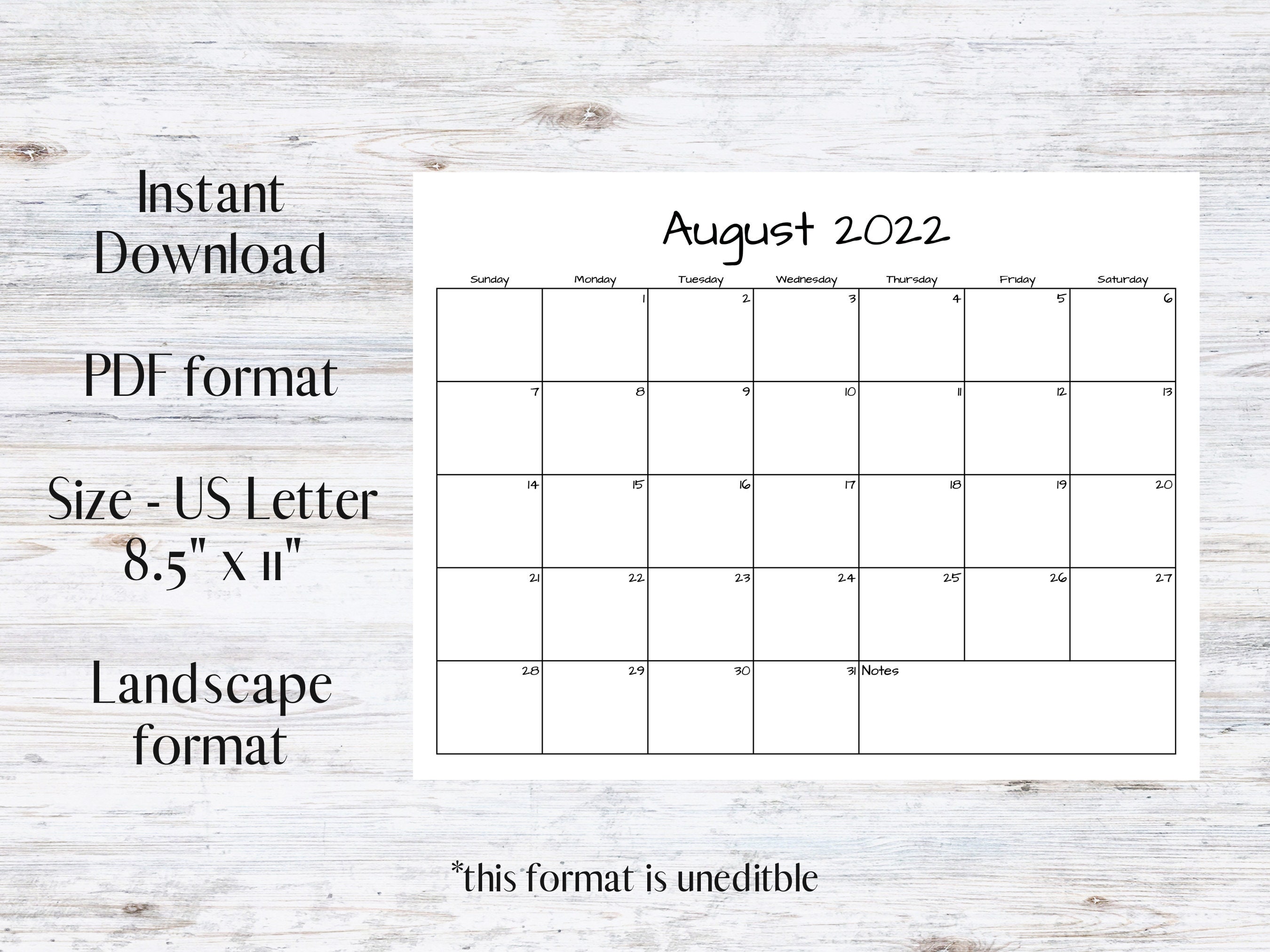August Calendar 2022 Printable Landscape
