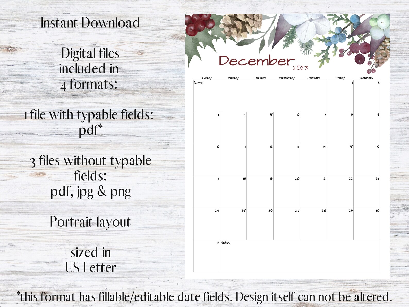 Fillable/editable December Calendar December 2023 Printable Calendar ...