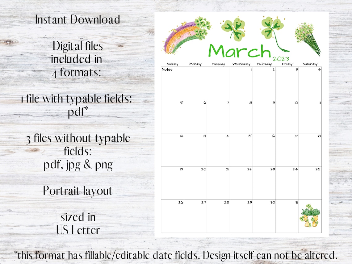 Fillable/editable March Calendar March 2023 Printable - Etsy