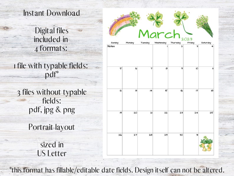 Fillable/editable March Calendar March 2023 Printable - Etsy