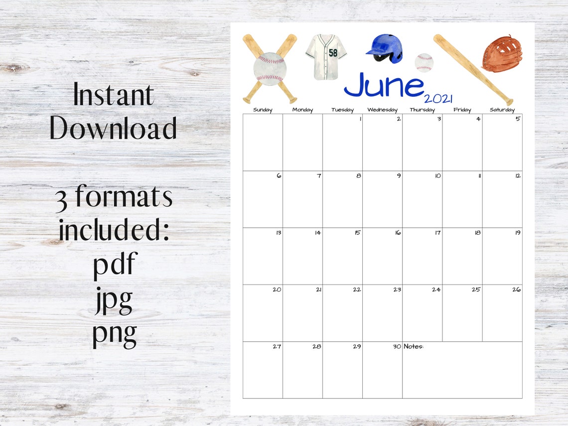 June Calendar June 2021 Printable Calendar Baseball | Etsy