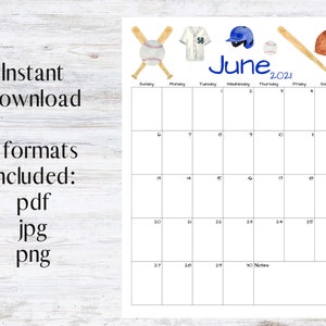 June Calendar June 2021 Printable Calendar Baseball | Etsy