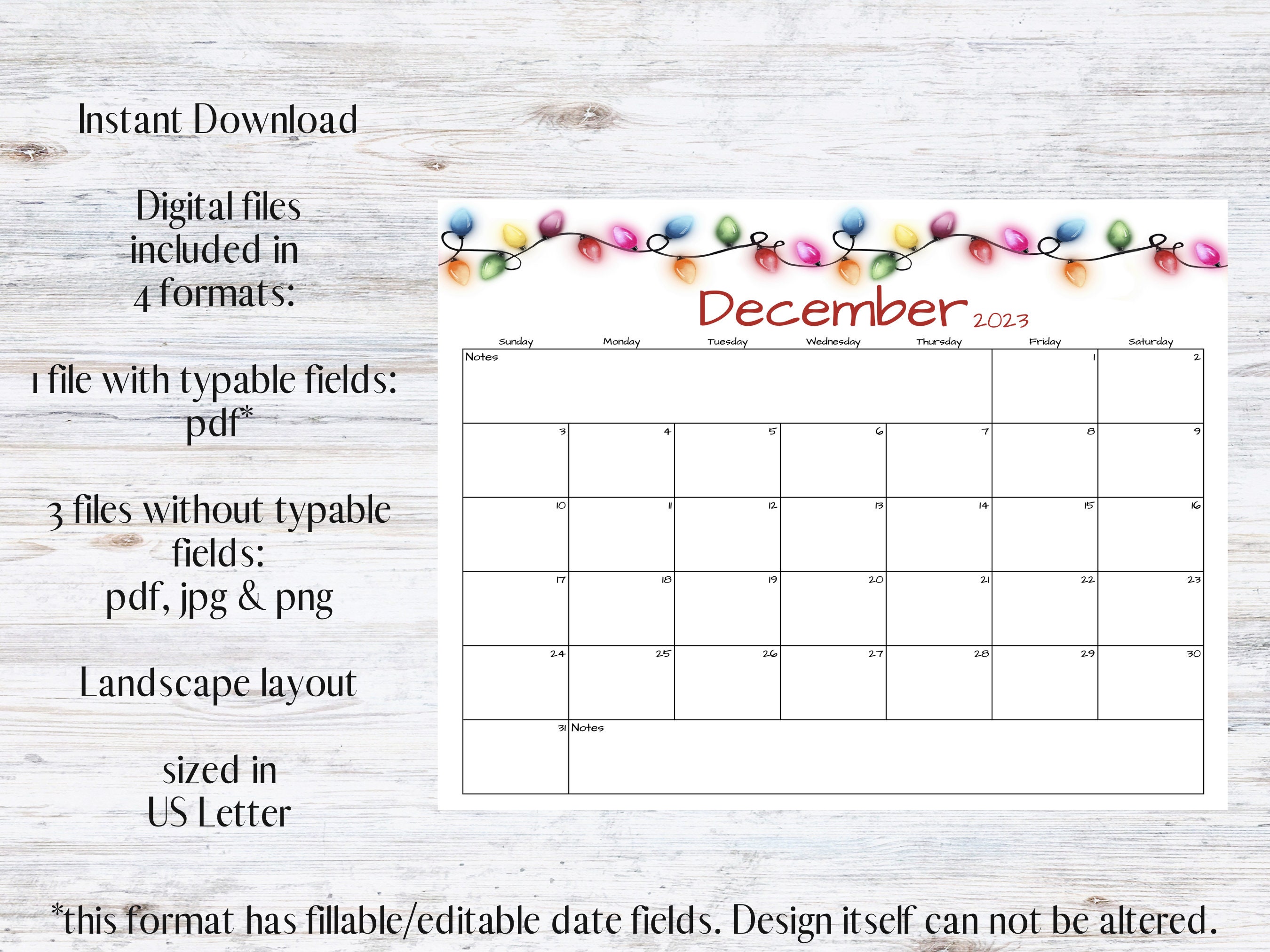 Fillable/editable December Calendar December 2023 Printable Calendar ...