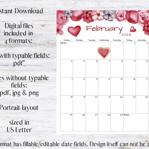 Fillable/editable February Calendar February 2024 Calendar Valentine ...