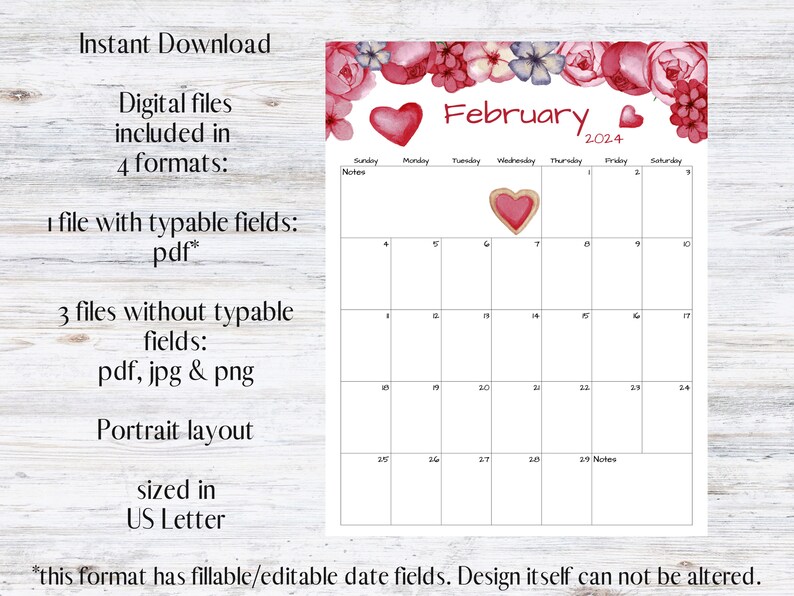 Fillable/editable February Calendar February 2024 Calendar Valentine ...