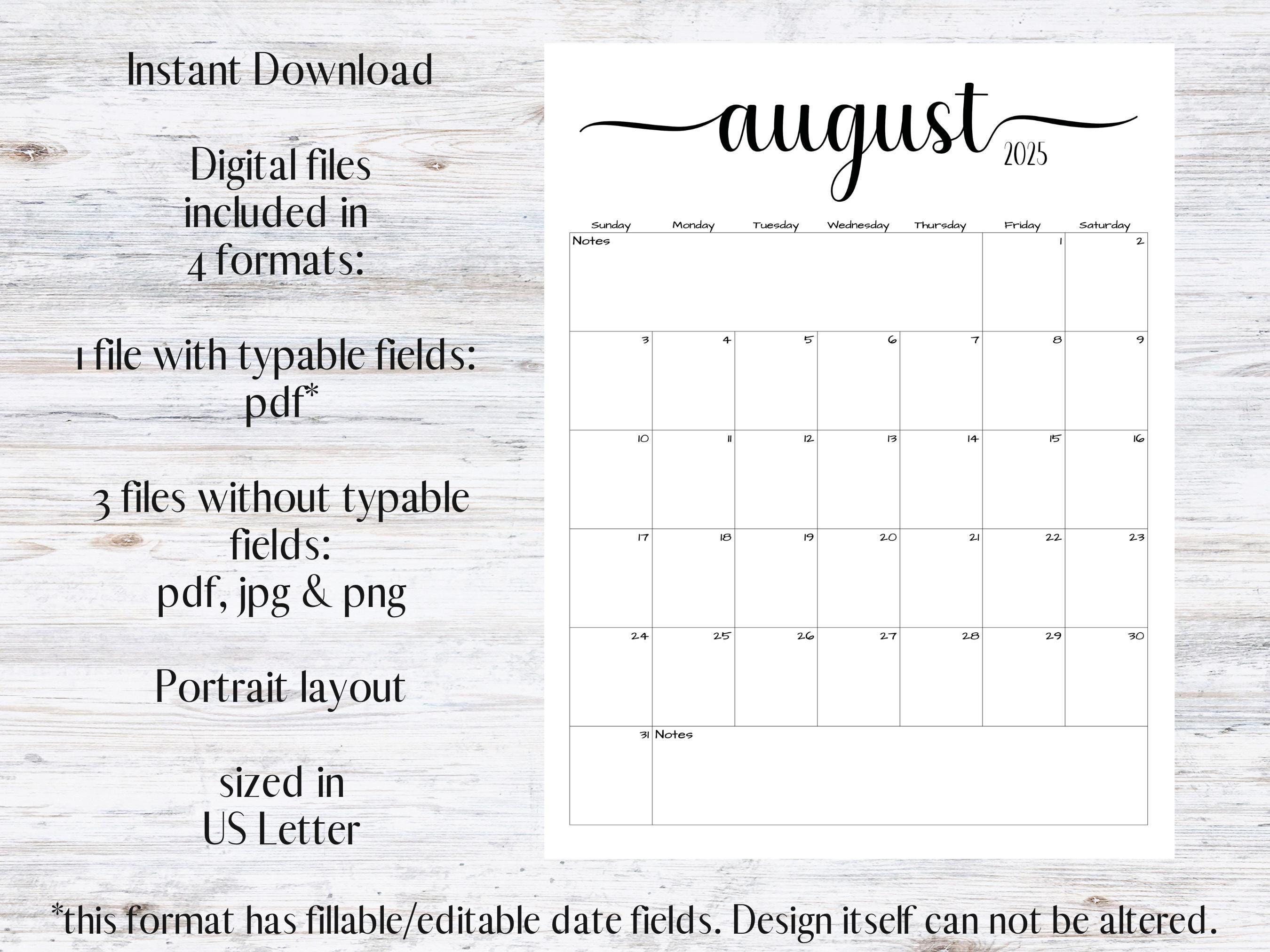 Fillable/editable August 2025 Calendar | August 2025 Calendar | Simple ...