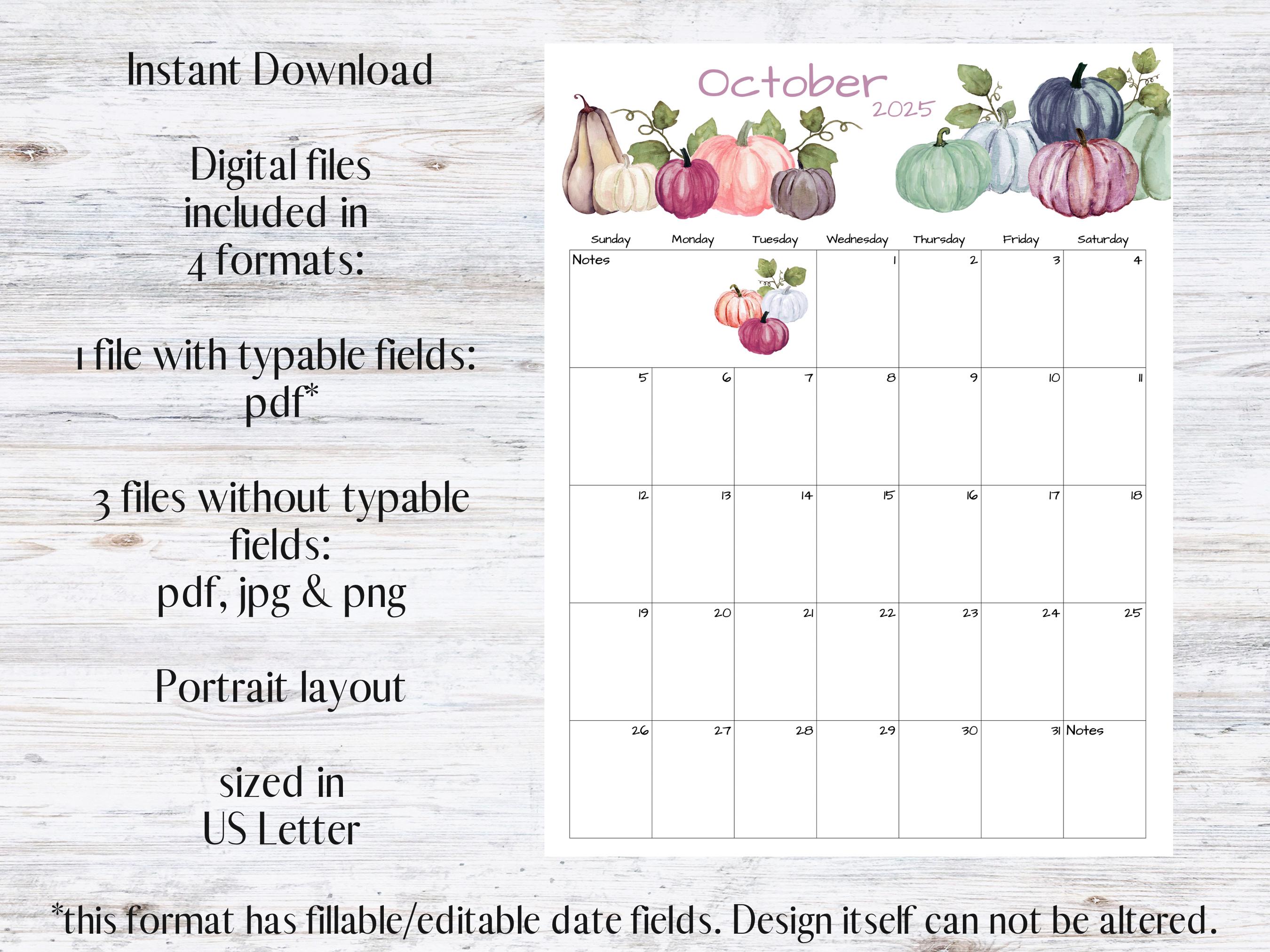 Fillable/editable October Calendar | October 2025 Printable Calendar ...