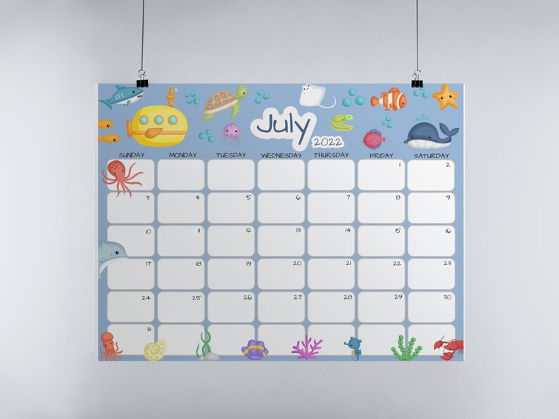 July Calendar July 2022 Printable Calendar Ocean Fish - Etsy