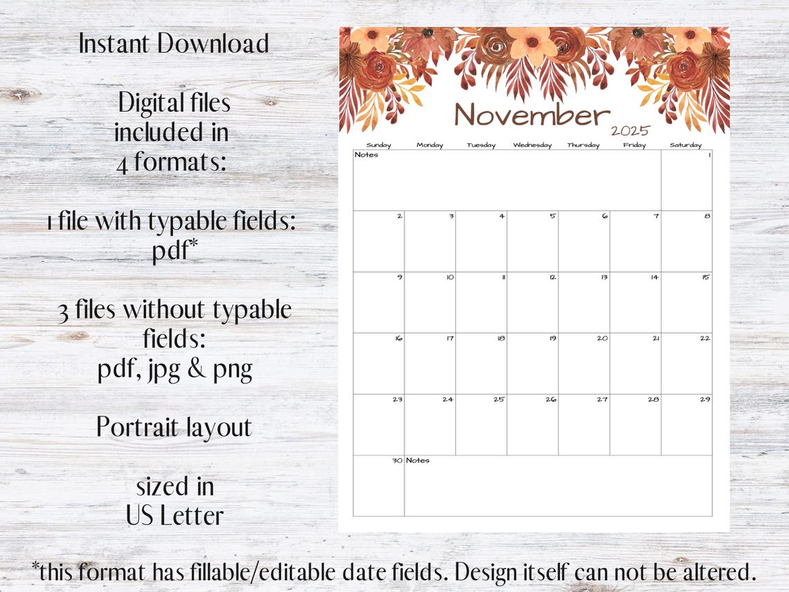 Fillable/editable November 2025 Calendar | November 2025 Printable ...