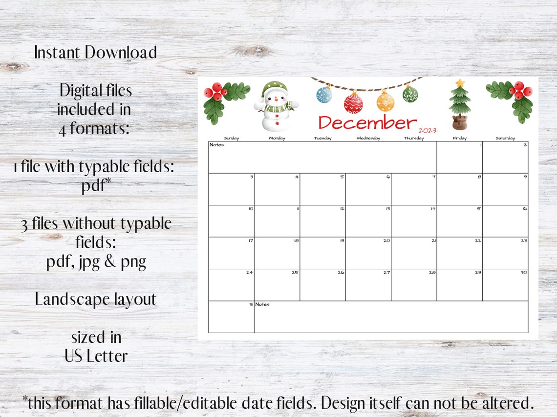 Fillable/editable December Calendar December 2023 Printable Calendar ...