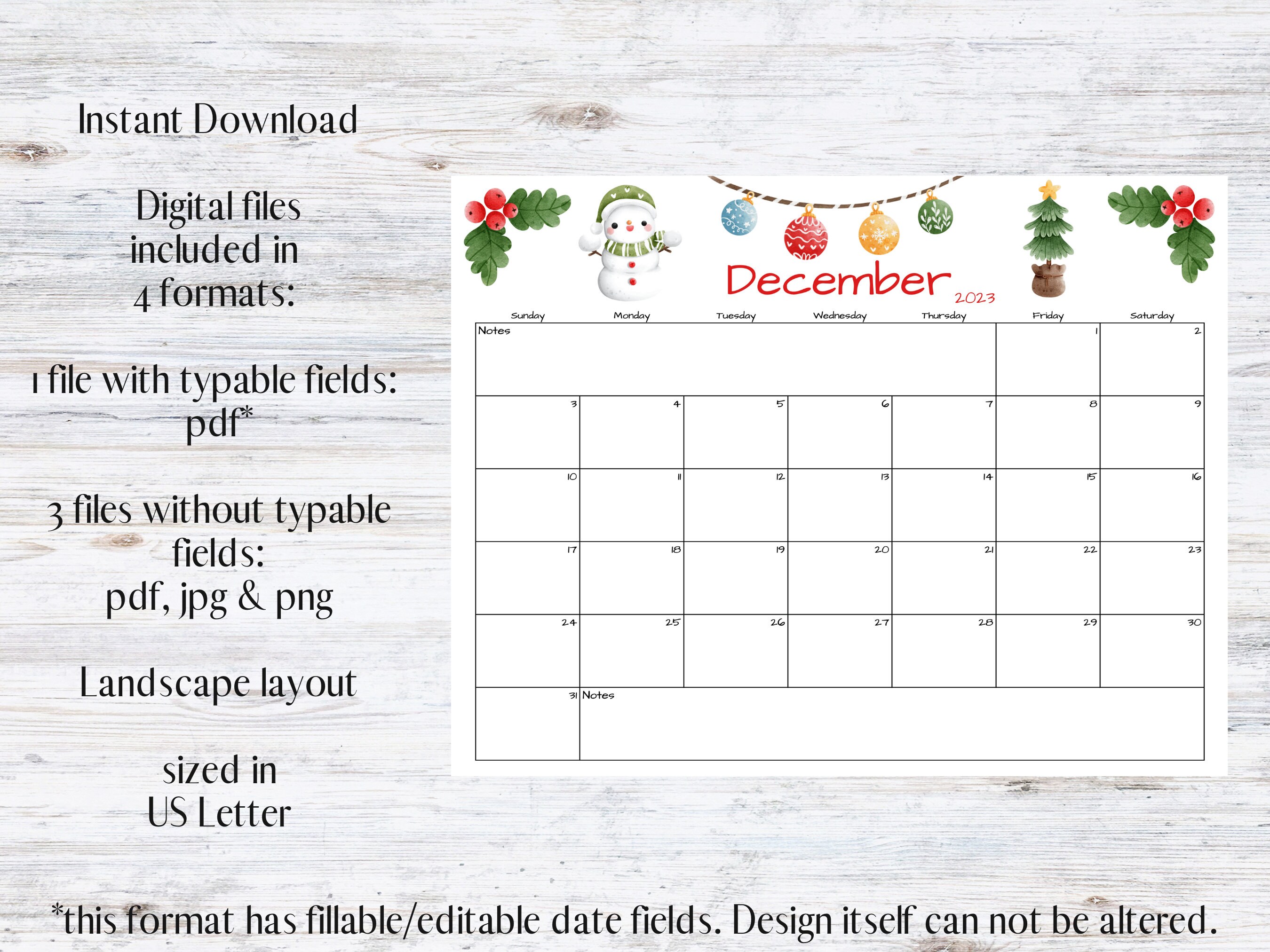 Fillable/editable December Calendar December 2023 Printable Calendar ...