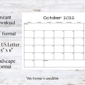 October Calendar october 2022 Printable Calendar Simple - Etsy