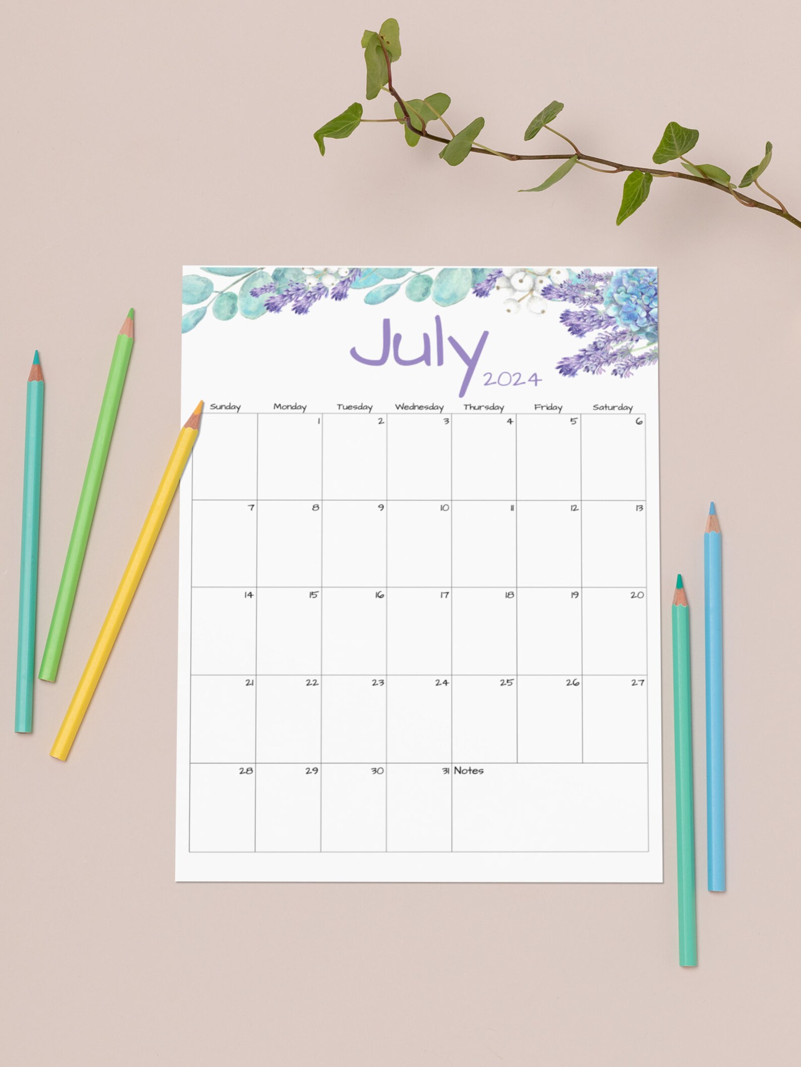 Fillable/editable July Calendar July 2024 Printable Calendar Lavender ...