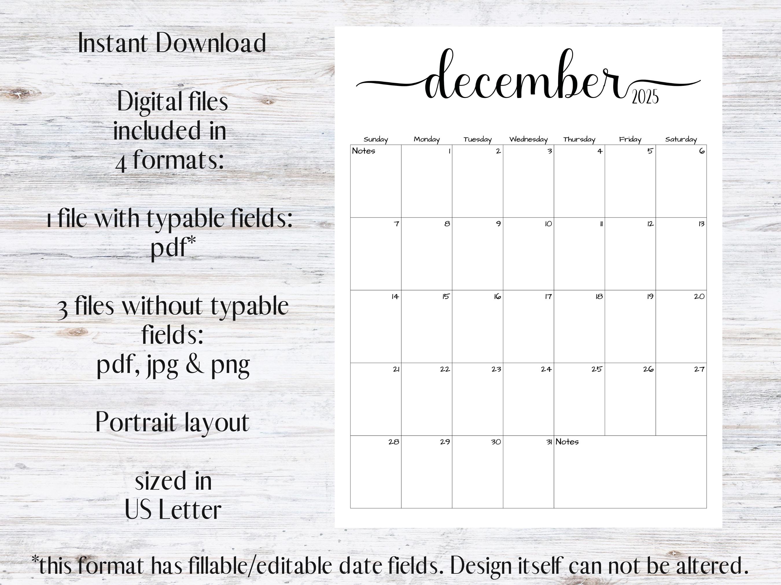 Fillable/editable December 2025 Calendar | December 2025 Calendar ...