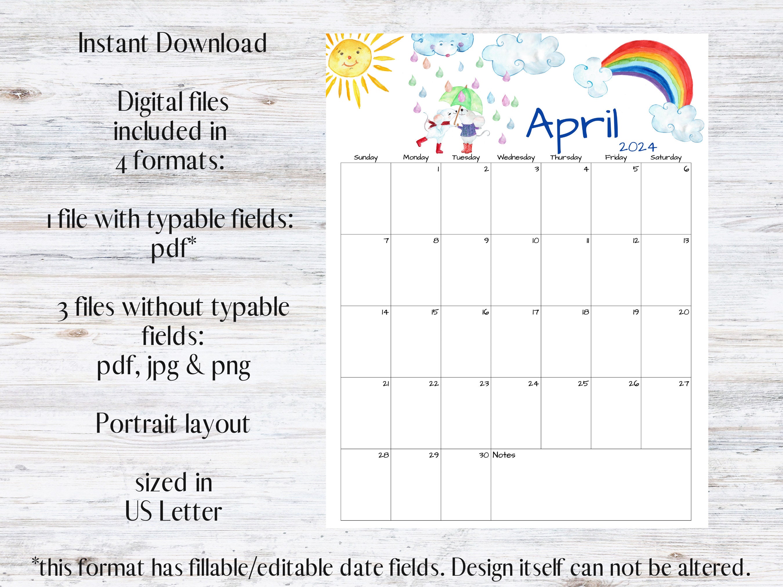 Fillable/editable April Calendar April 2024 Printable Calendar Spring ...