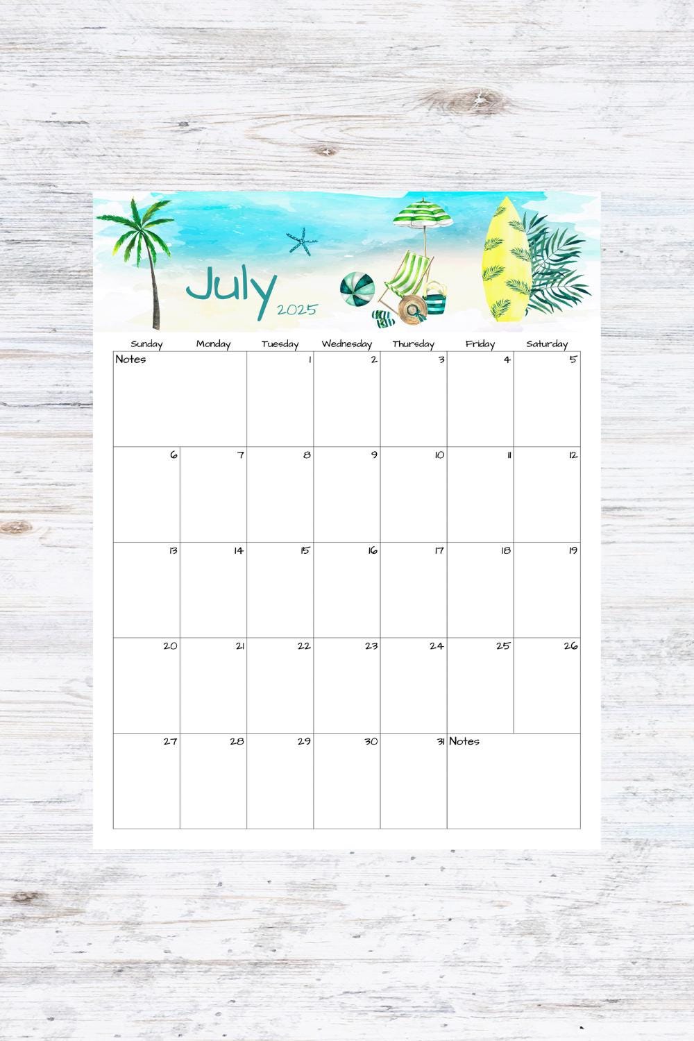 Fillable/editable July Calendar | July 2025 Printable Calendar | Beach ...