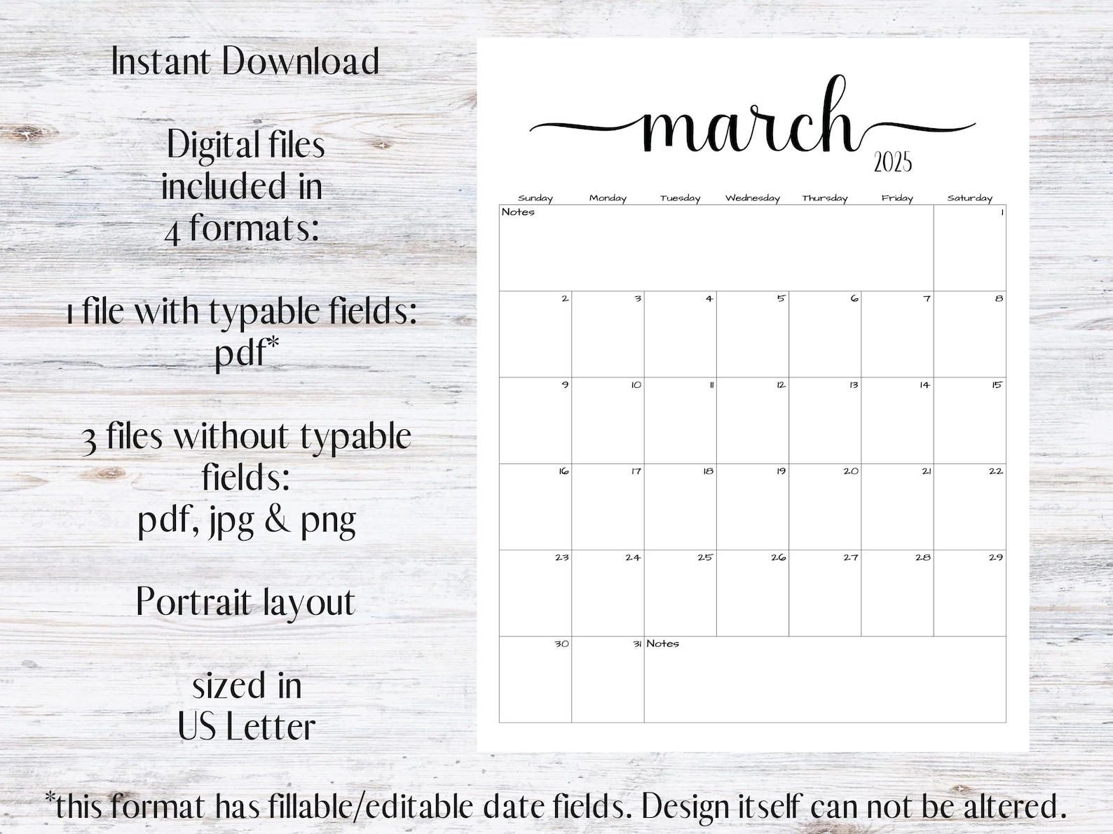 Fillable/editable March 2025 Calendar | March 2025 Calendar | Simple ...