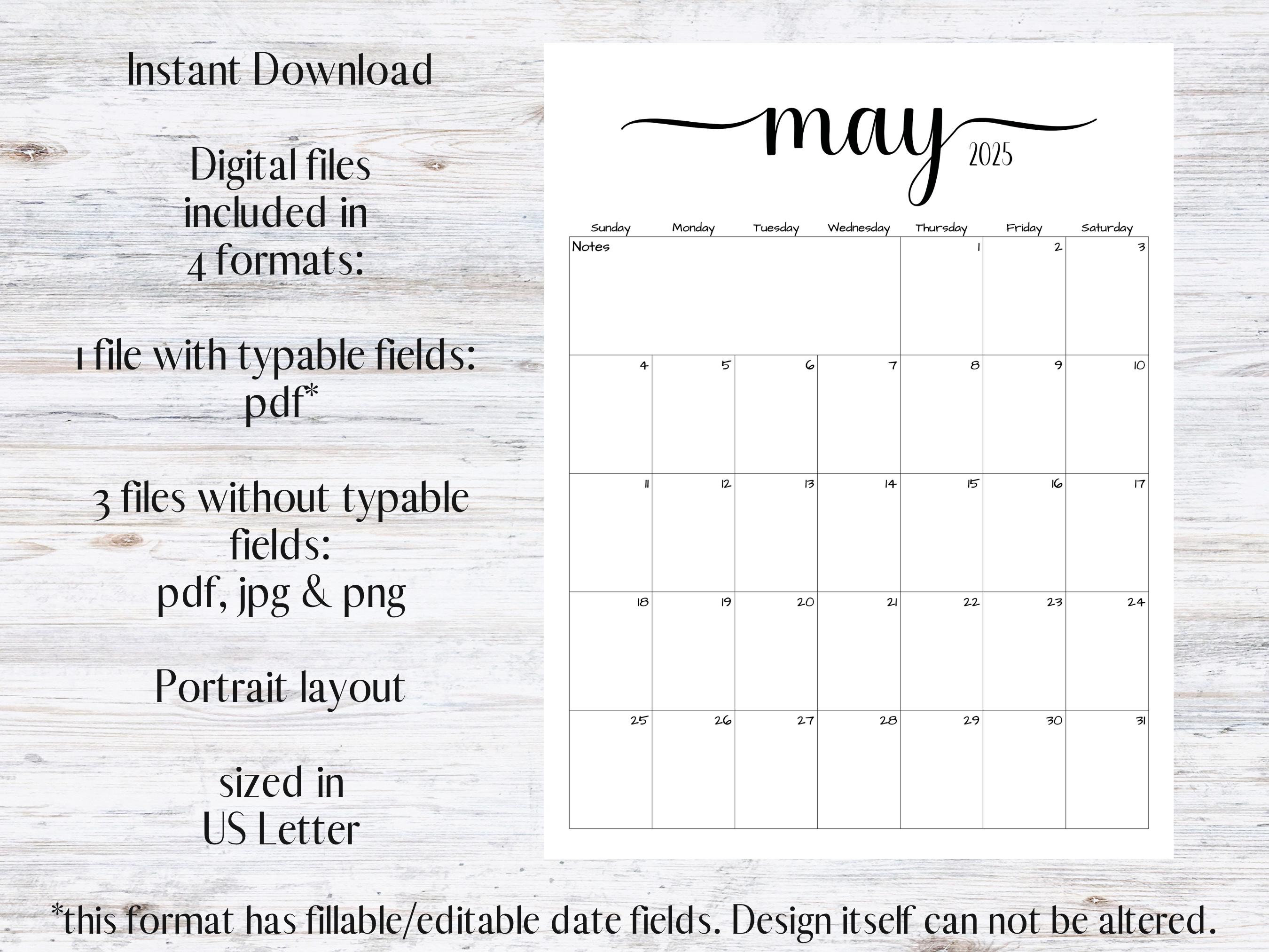 Fillable/editable May 2025 Calendar | May 2025 Calendar | Simple Script ...