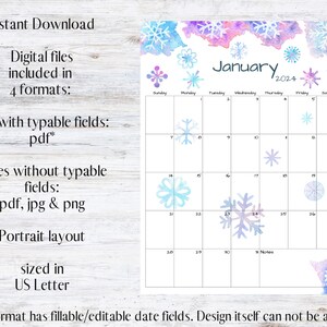 Fillable/editable January Calendar January 2024 Calendar Winter Snow ...
