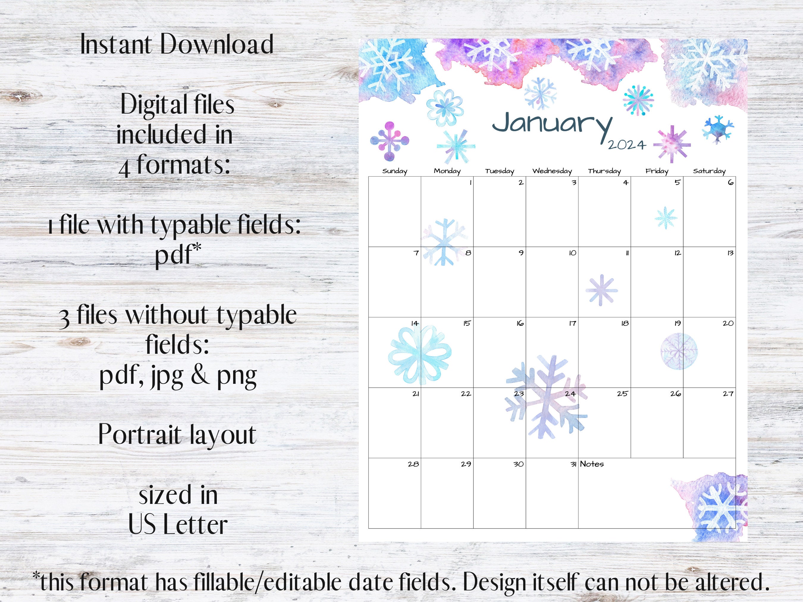 Fillable/editable January Calendar January 2024 Calendar Winter Snow ...