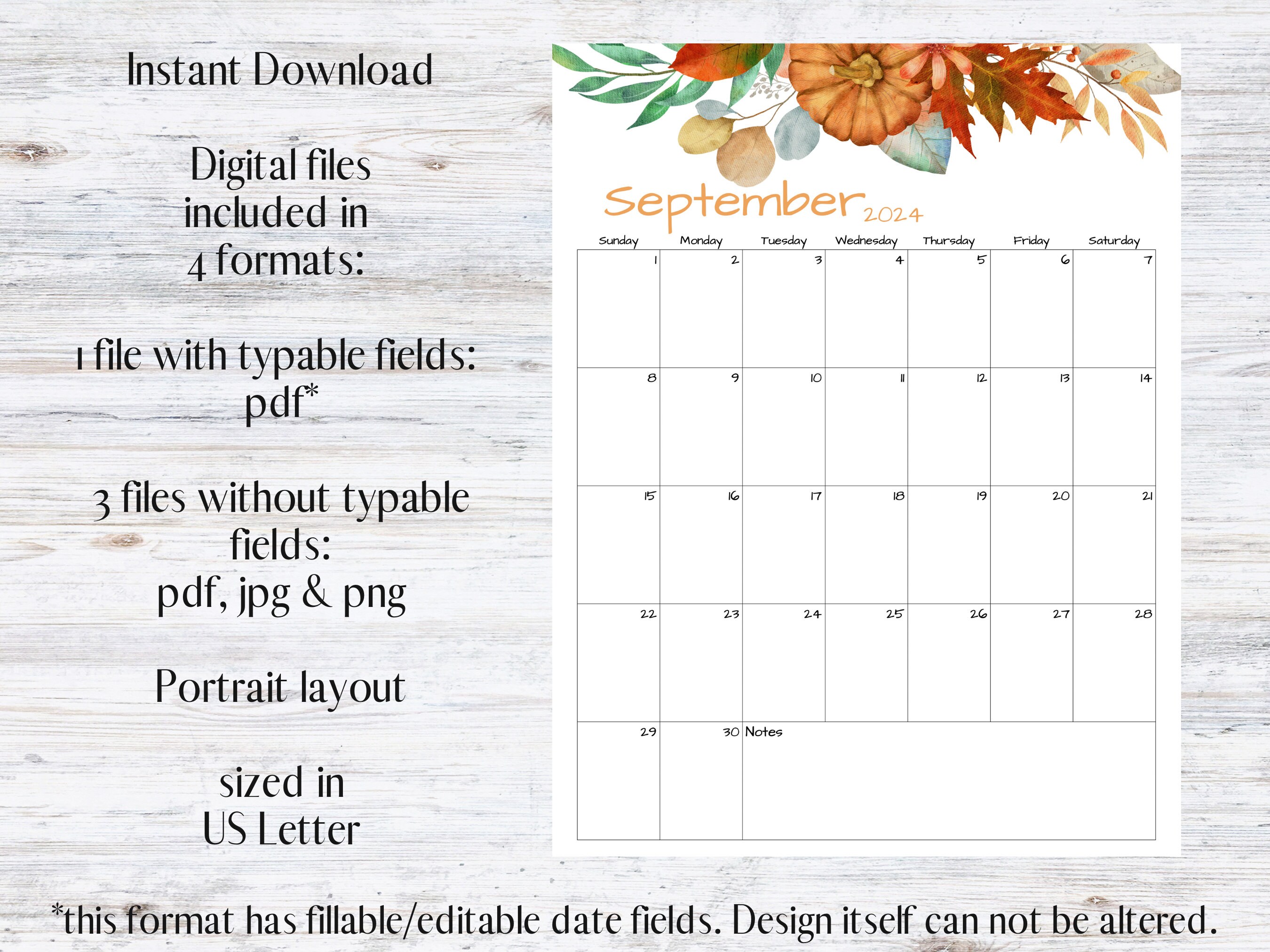 Fillable/editable September Calendar September 2024 Printable Calendar ...