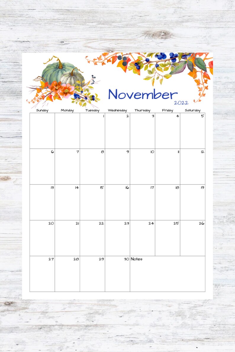 November Calendar November 2022 Printable Calendar Autumn - Etsy