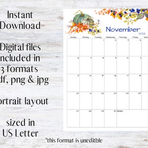 November Calendar November 2022 Printable Calendar Autumn - Etsy