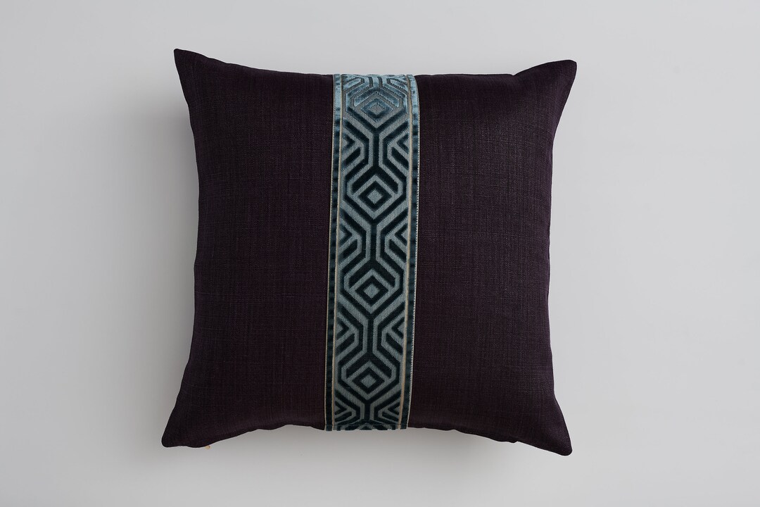 Plum Purple Linen Decorative Throw Pillow Cover With Geometric Velvet ...