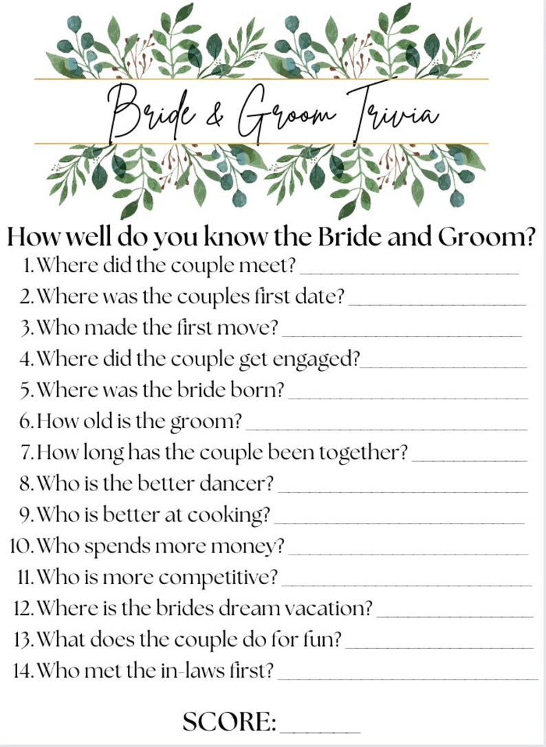 Bride and Groom Trivia | Bridal Shower Game | Wedding Reception Party ...