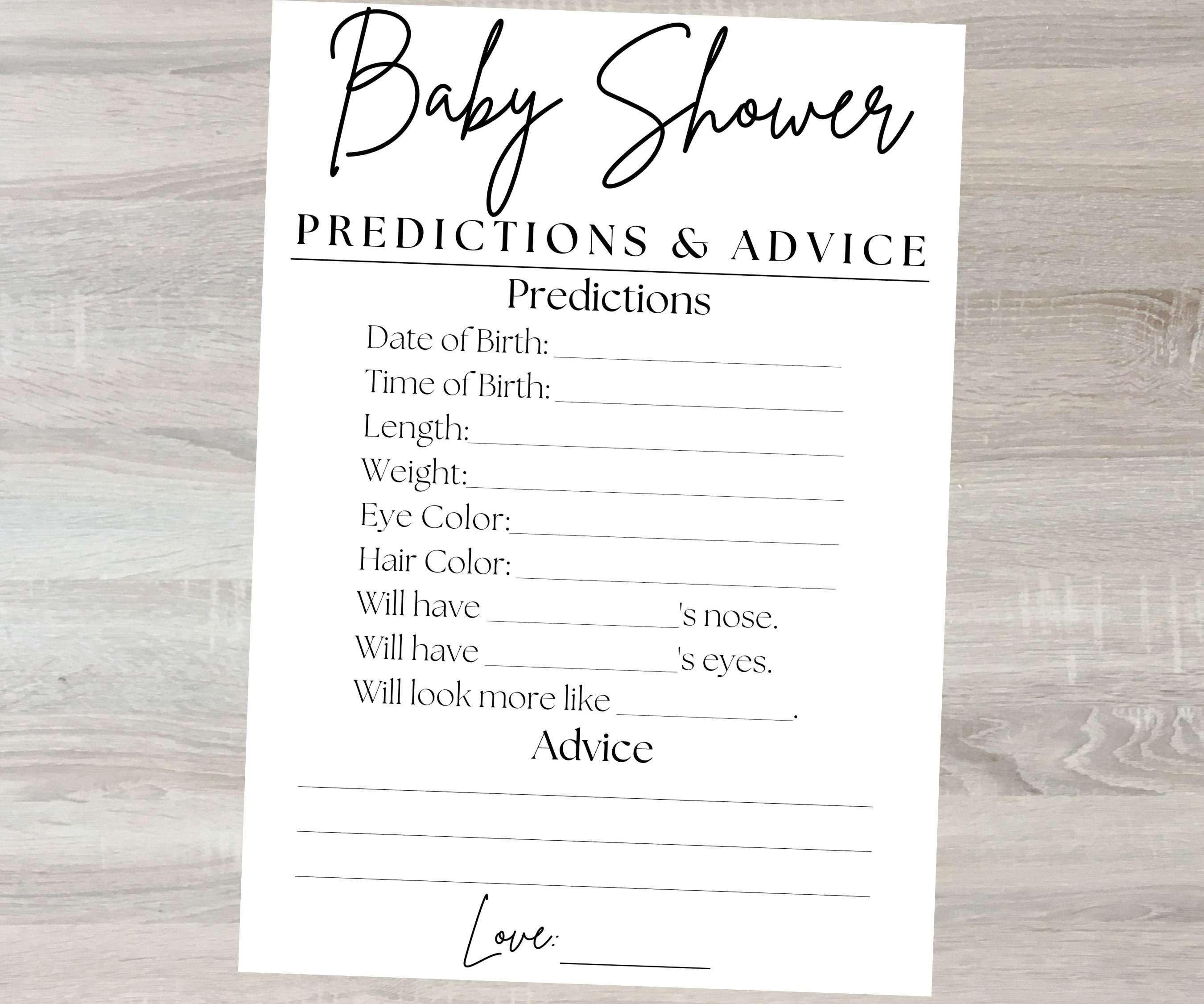 Baby Shower Prediction Card | Baby Shower Game Template | Customizable ...