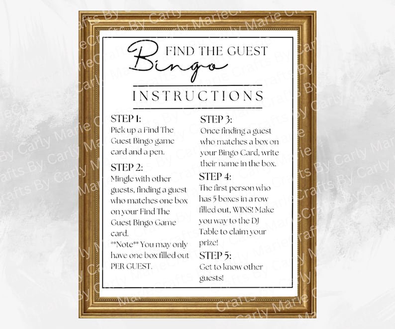 Find the Guest Bingo Instructions Wedding Reception Game Bridal Shower ...