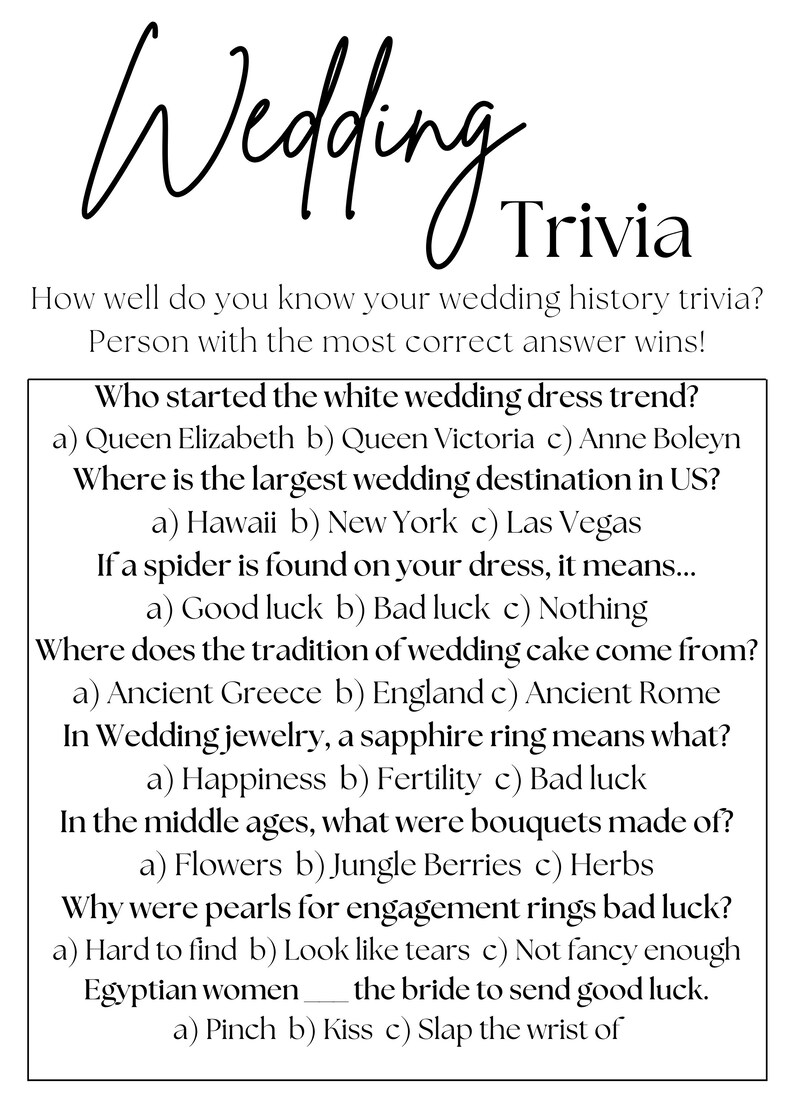 Wedding History Trivia Game | Bridal Shower, Reception (editable ...