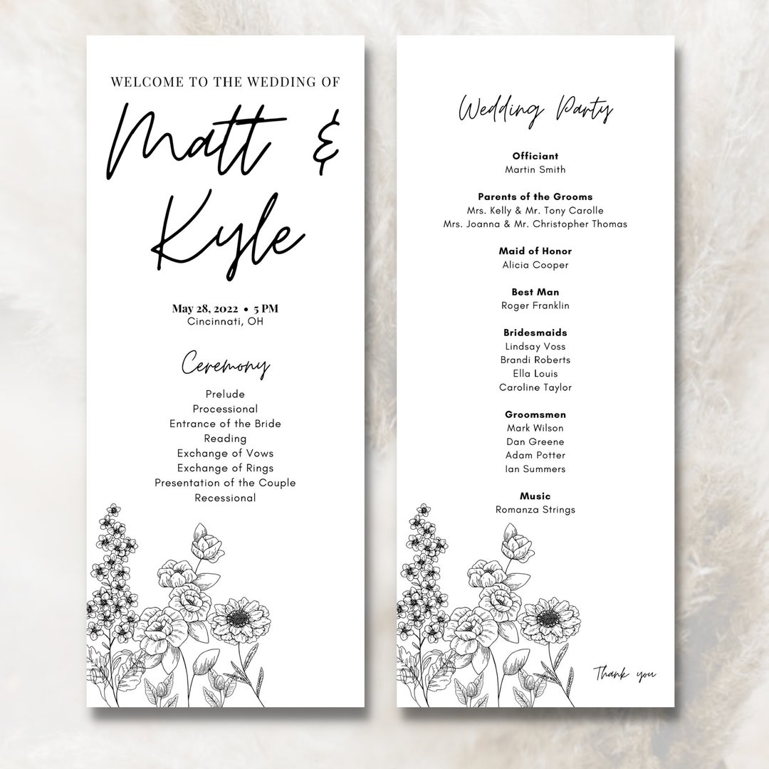 Black and White Flower Outline Wedding Program Template Download ...