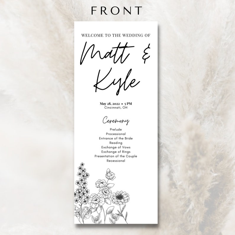 Black and White Flower Outline Wedding Program Template - Etsy