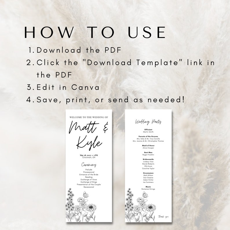 Black and White Flower Outline Wedding Program Template - Etsy
