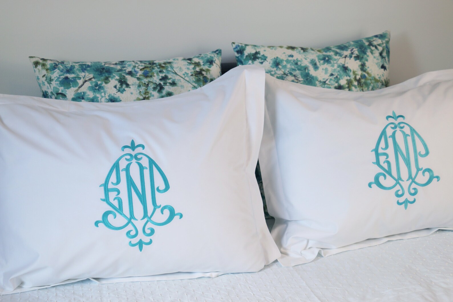 Set of 2 Embroidered Monogrammed Pillow Shams / 100% Cotton / Wedding ...