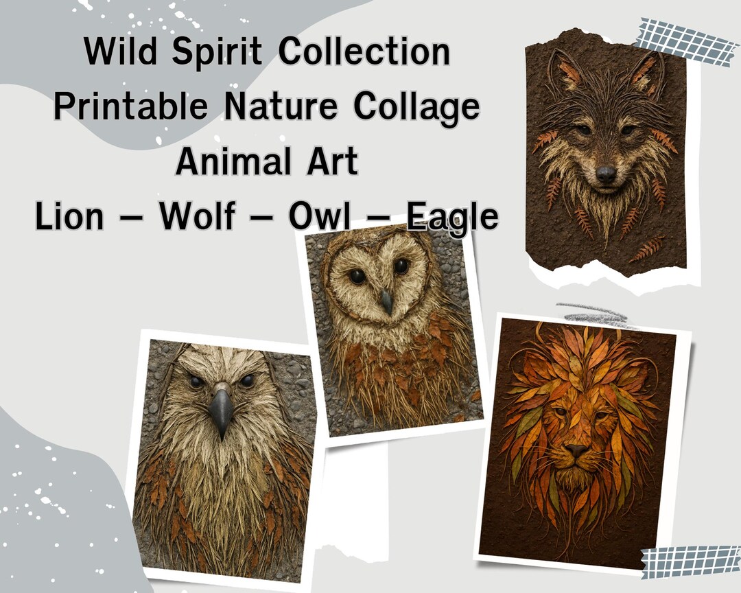 Wild Spirit Animal Wall Art Set Printable Nature Collage Lion Wolf Owl ...