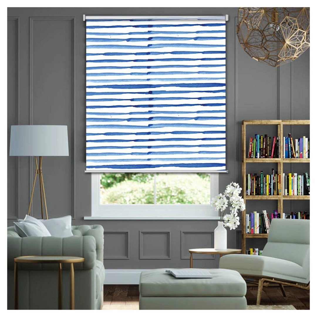 Custom Made Contemporary Water Painting Blue Stripes Cordless Window ...