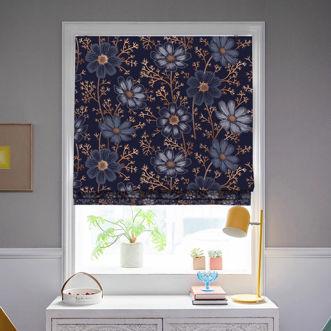 Custom Made Midnight Garden Flower Print Window Roman Shade Curtain or ...