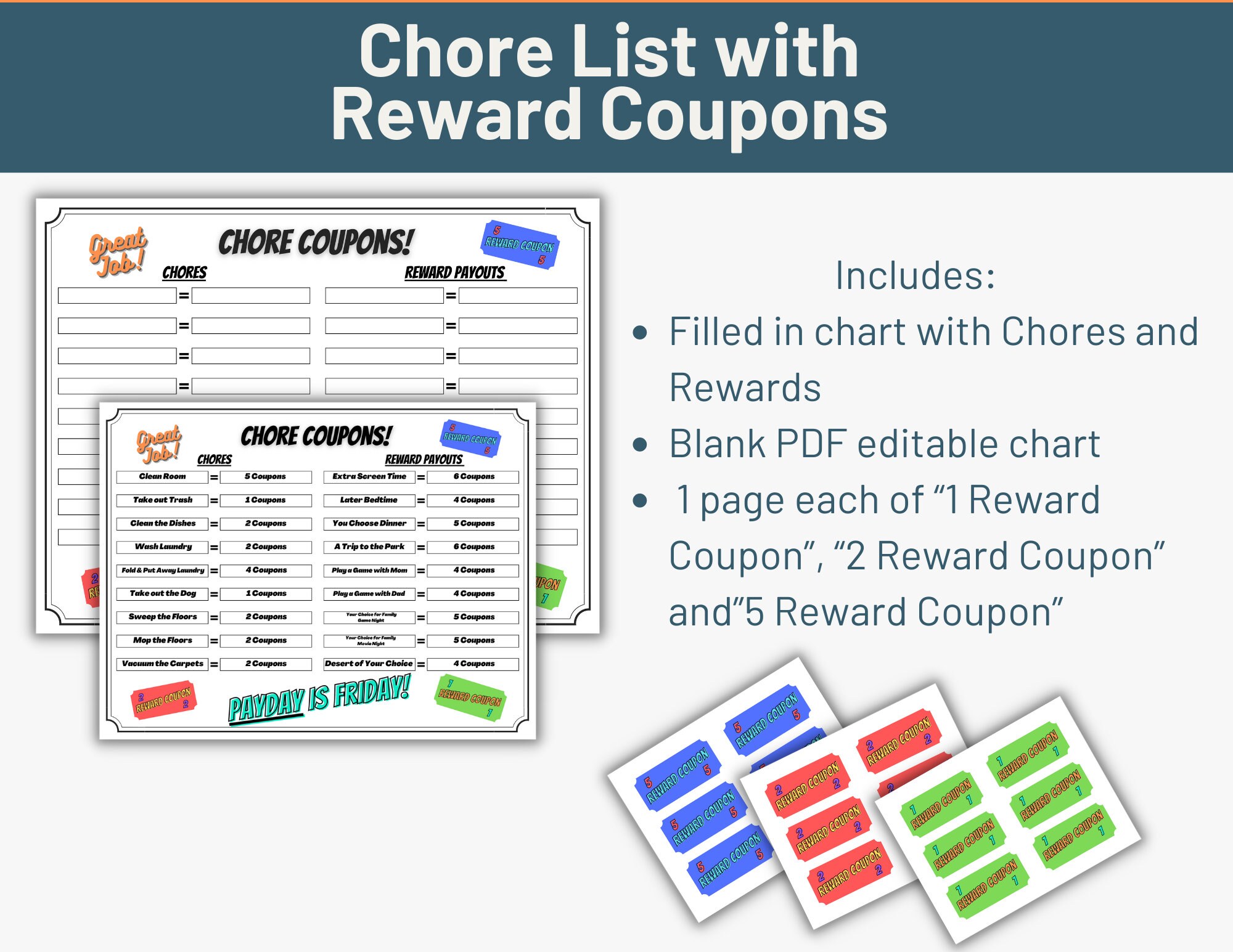 Editable Chore Chart | Chore Chart Printable | Reward Coupons | Kids ...